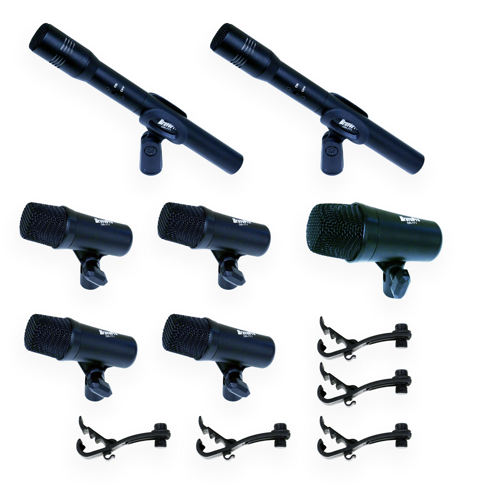 BravoPro DR771 7-Piece Drum Mic. Kit with Cables & BONUS Kick Drum Stand